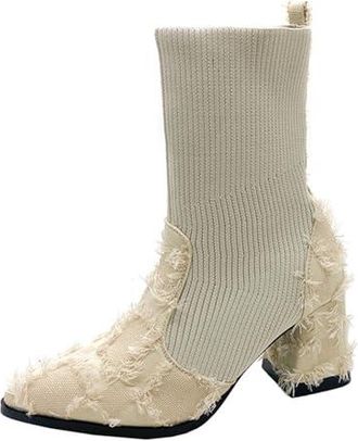 Generic Bottines dhiver tendance à bout pointu pour femme - Confortables - Talon bloc - Chaussettes tricotées - Chaussures décontractées et chaudes, beige, 37