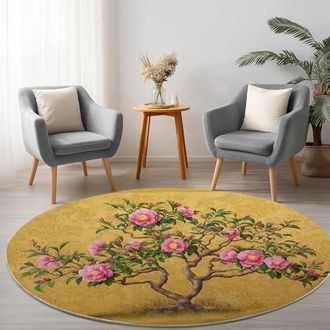 Generic Chinois Rose Jaune Doux Tapis Rond 180 cm, Lavable Antid&eacute;rapant Poil Ras Carpet, Motif Arbre Vintage Grand Arbre Fleurs Descente de Lit Chambre Adulte