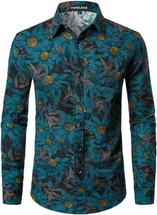 PARKLEES Chemise en coton et lin pour homme Style disco ann&eacute;es 70 motif traditionnel imprim&eacute; &agrave; manches longues, L