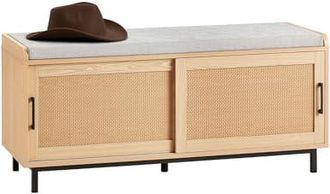 SoBuy Banc de Rangement, Banc à Chaussures, Meuble de Rangement pour Entrée avec Coussin Rembourré, 2 Portes Coulissante et Façades Rotin Tissé, 110 x 40 x 