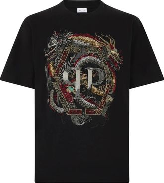 Philipp Plein Homme, Tops, Noir, Taille: M T-Shirt Col Rond Dragon
