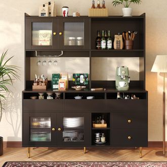 Generic Moderner Hochschrank mit Glastür und Weinregal - eleganter Aufbewahrungsschrank mit goldenen Akzenten, großer Stauraum für Geschirr, Gläser und Dekora