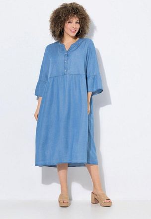 Ulla Popken Midikleid Jeanskleid A-Linie Tunika-Ausschnitt 3/4-Volantarm