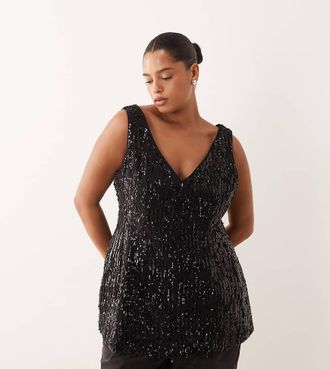 Asos Curve ASOS DESIGN Curve - Top &agrave; basque et col V cintr&eacute; &agrave; la taille en tissu &agrave; sequins - Noir