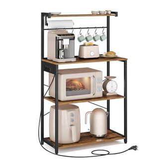 Vasagle &Eacute;tag&egrave;re de Cuisine avec Multiprise, Bar &agrave; Caf&eacute; sur 4 Niveaux avec 8 Crochets en S, &Eacute;tag&egrave;re R&eacute;glable, Support pour Micro-Ondes, 40 x 80 x 140 cm, Marro