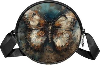 Generic Sac &agrave; bandouli&egrave;re rond pour femme, motif papillon vintage, petit sac &agrave; bandouli&egrave;re avec fermeture &eacute;clair, bretelles r&eacute;glables, sac &agrave; main rond d&eacute;contr