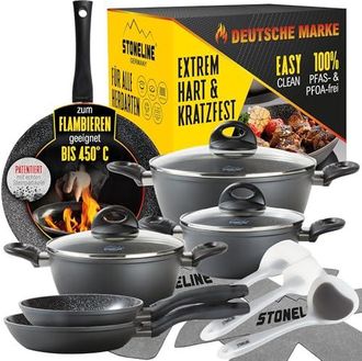 STONELINE Ceramic Batterie de Cuisine Céramique 14 pcs 18/20/24 Sans PFAS, Set Poêles et Casseroles avec Couvercles, Tous feux Induction, Revêtement Antiadhésif