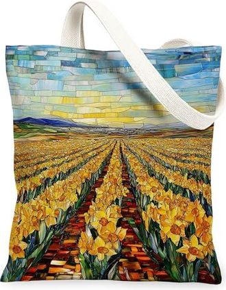 Generic Sac fourre-tout en toile r&eacute;utilisable avec motif jonquille de printemps pour le shopping, 33 x 38 cm, motif paysage floral, sac d&eacute;picerie r&eacute;utilisable