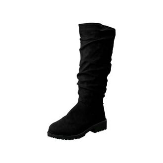Generic Bottes hautes d&eacute;contract&eacute;es en faux daim pour femme, couleur unie, &eacute;l&eacute;gantes, talon bas, confortables, &agrave; enfiler, pour f&ecirc;te, shopping, Noir, 37.5 EU