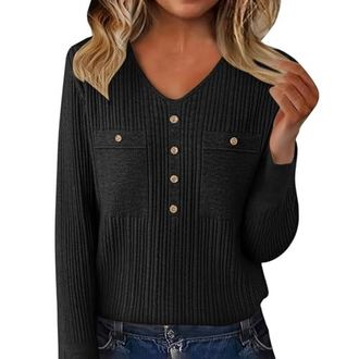Generic Pull pour femme - Col en V - Fente sur le devant - Bouton - Coupe ajust&eacute;e - Haut en tricot &agrave; manches longues - Doux et confortable - &Eacute;l&eacute;gant chemisier