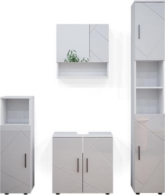 Vicco Badm&ouml;bel-Set Wei&szlig; Hochglanz Irma, bestehend aus Badspiegelschrank, Waschbeckenunterschrank, Midischrank, Hochschrank - Versteckter Stauraum hinter ele