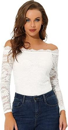 Allegra K Haut Chemisier à Manches Longues Transparent en Dentelle Florale pour Femmes de Noël Blanc XS