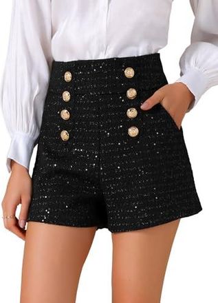Allegra K Short en Tweed &agrave; Carreaux Femme Boutonn&eacute; sur Le Devant Pantalon Court Taille Haute Jambes Larges pour Bureau Noir L