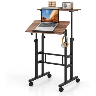 Costway Costway - Bureau Debout Mobile, Chariot pour Ordinateur Portable &agrave; Hauteur R&eacute;glable avec Plateau Angle Ajustable, 2 Crochets Amovibles et roulettes