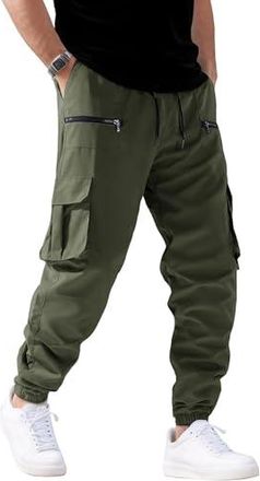 Feoya Pantalon Cargo Homme Pantalon Cargo &agrave; Plusieurs Poches Taille Elastique de Jogging Vert L