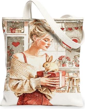 Generic Sacs fourre-tout en toile motif floral lapin, vintage, motif coeur, sacs d&eacute;picerie, sacs d&eacute;picerie r&eacute;utilisables, l&eacute;gers et lavables en toile pour, bl