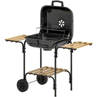 OUTSUNNY Barbecue charbon de bois avec couvercle 2 roues 3 &eacute;tag&egrave;res grilles acier chrom&eacute;e