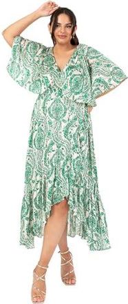 Lovedrobe Womens Ladies Midaxi Dress V-Neck Cape Sleeve Abstract Floral Print Ruffle Hi Low Hem Wrap Belted A-Line Vert 46