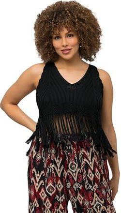 Ulla Popken Femme Grandes Tailles Haut sans Manches. Silhouette en A. D&eacute;collet&eacute; en V et Longues Franges &agrave; la Base. Noir 54+ 817241100-54+