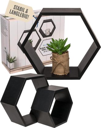 Out of the Blue Schwarzes Wandregal 6-eckig 2er-Set - Modernes Hexagon-Design aus robustem Material - Stilvolle Wanddeko für Wohnzimmer & Büro - Ideal für Pflanzen, B