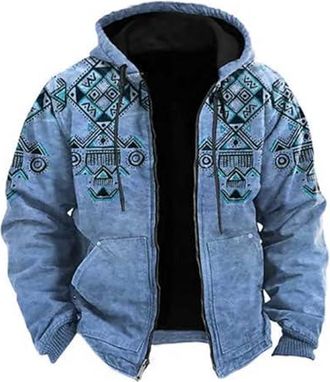 Generic Veste en jean pour homme - Cadeaux pour papa 2024 - Manches longues - Imprim&eacute; ethnique - Sweat &agrave; capuche - Polaire chaude et d&eacute;contract&eacute;e - Pour femme