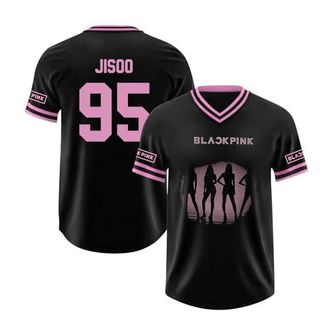 Generic Maillot de Baseball imprim&eacute; Noir et Rose Kpop Lisa Jennie Jisoo Rose, t-Shirt de Baseball Hip-hop &agrave; col en V pour Les Fans de Musique 02-5 XXL
