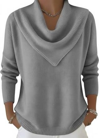 Generic Pull &eacute;l&eacute;gant r&eacute;tro doux &agrave; col triangulaire pour femme - Couleur unie - 2026 - Pull &agrave; col de vache pour lhiver - Pull &agrave; manches longues, gris, XXL