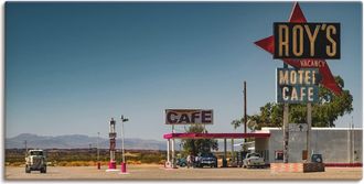 Artland Wanddeko Leinwand Bilder Wandbild 100 x 50 cm Landschaften USA Arizona Hotel Motel Cafe Tankstelle Route 66 Nostalgie Q3TD