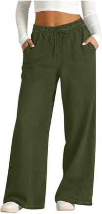 Generic Pantalon de jogging &agrave; jambe large pour femme - Taille haute &eacute;lastique - Pantalon de jogging droit r&eacute;tro d&eacute;lav&eacute; - Pantalon en jean d&eacute;contract&eacute; &agrave; enfile