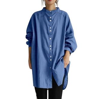 Generic Hauts d&eacute;t&eacute; amples en coton et lin pour femmes, col boutonn&eacute;, manches longues, habill&eacute;, d&eacute;contract&eacute;, tunique ample 2026, v&ecirc;tements tendance, Bleu-2, 3X