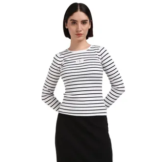 Calvin Klein Jeans Damen Langarmshirt Woven Label Tight Sweater ohne Kapuze, Mehrfarbig (Ck Black/Bright White Striped), XS