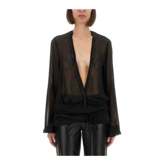 The Attico Femme, Blouses et Chemises, Noir, Taille: 34 FR Beaded Plunge Neck Sheer Blouse