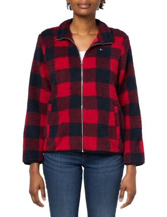 Tommy Hilfiger Damen Buffalo Check Langarm Rei&szlig;verschluss Sportswear Jacke, Sky Captain/Chili Pepper, L