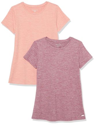 Amazon Essentials Damen Active Quick Dry Tech Stretch Kurzarm-T-Shirt mit Rundhalsausschnitt (in Übergröße erhältlich), 2er-Pack, Lachsrosa Space-dye/Pflaume Space-dye,