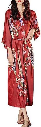 Generic Robe de nuit en soie pour femme - Grande taille - Robe de chambre longue en serg&eacute; de soie imprim&eacute;e l&eacute;g&egrave;re - Robe de nuit longue confortable - Robe de 