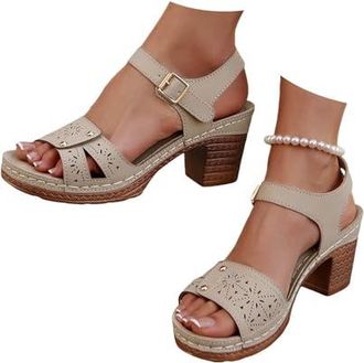 Generic Sandales dété pour femme 2026, talons hauts épais, fleurs avec bouche de poisson, sandales dété habillées décontractées avec sangle de cheville ajouré