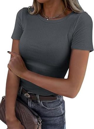 Generic Chemises &agrave; manches courtes en tricot c&ocirc;tel&eacute; pour femme, tenues d&eacute;t&eacute; tendance, T-shirts basiques en tricot c&ocirc;tel&eacute; &agrave; encolure d&eacute;gag&eacute;e, gris fonc&eacute;, XXL