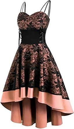 Feoya Robe Gothique Femme à Bretelles Robe Rétro Médiévale Robe Soirée Vintage à Lacets Costume Steampunk Déguisements Halloween Carnaval Noir 44