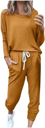 Generic Ensemble de tenue d&eacute;contract&eacute;e pour femme, t-shirt ras du cou &agrave; manches longues et pantalon long en patchwork de couleurs (Coffee, XXXXXL)