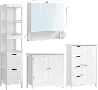 Vasagle Spiegelschrank Bad mit Beleuchtung, Waschbeckenunterschrank, Badezimmerschrank, Hochschrank Badezimmer, 4er Set, verstellbare Ablage, viel Stauraum, f
