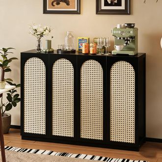 Generic Vintage-Sideboard aus Rattan mit gew&ouml;lbten Schrankt&uuml;ren Offene Regalb&ouml;den + geschlossene Stauf&auml;cher Teeschrank for zu Hause und Aufbewahrungsm&ouml;bel for