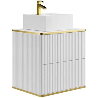 Vente-Unique Meuble de salle de bain suspendu stri&eacute; liser&eacute; dor&eacute; avec vasque &agrave; poser carr&eacute;e - Blanc - L60 cm - KELIZA