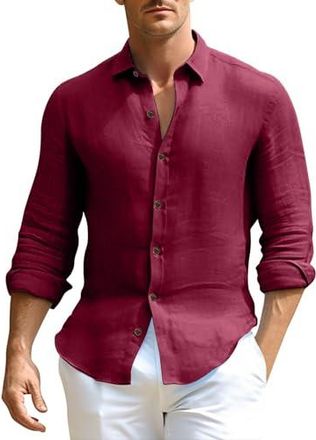 Generic Chemise formelle en lin &agrave; manches longues pour homme - Chemise boutonn&eacute;e en lin - Coupe ajust&eacute;e - Style d&eacute;contract&eacute; - Blanc - Col en V - T-shirt pour 