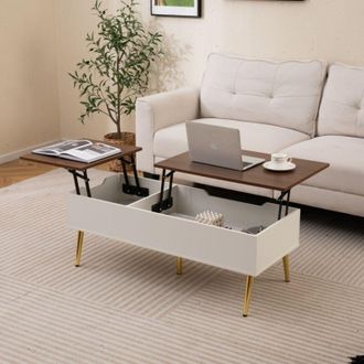 Costway Costway - Table Basse Relevable avec 2 Compartiments de Rangement Dissimulés, Pieds en Métal pour Salon, Bureau, 111 x 48 x 40-53,5 cm, Blanc