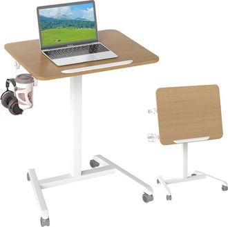 Costway Bureau Mobile Pliable, Bureau à Roulettes avec Plateau Inclinable à 90°, Bureau Réglable en Hauteur avec Crochet et Porte-Gobelet, Naturel