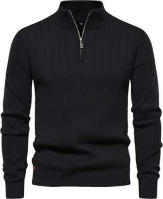Generic Pull à fermeture éclair pour homme - Chaud - Col montant - Coton tricoté, Noir, XL