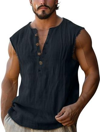 Generic DENGJIAMY D&eacute;bardeurs de plage pour homme D&eacute;contract&eacute; d&eacute;t&eacute; Coupe Off T-shirt tendance &agrave; col rond sans manches pour homme Mode Solide V&ecirc;tements, Noir, 3