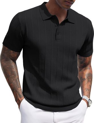 Coofandy Poloshirt Herren Kurzarm Strick Polo Button Down Sommer Freizeit Tshirt Regular Fit Urlaub Polohemd Schwarz XXXL