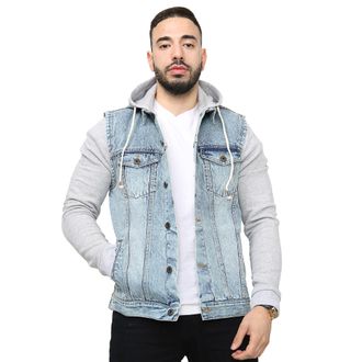 Noroze Herren Jeansjacke mit Fleece &Auml;rmel und abnehmbare Kapuze Klassisch Denim Jacke Trucker Mantel Kapuzenpullover (XL, Hellblau)