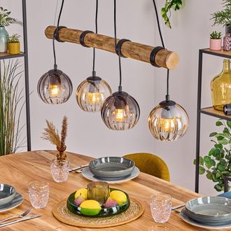 HOFSTEIN Pendelleuchte Koyoto, H&auml;ngelampe aus Metall/Holz/Riffelglas in Schwarz/Natur/Rauch/Bernstein/Klar, H&auml;ngeleuchte im Retro-Design mit Glasschirmen (&Oslash; 15